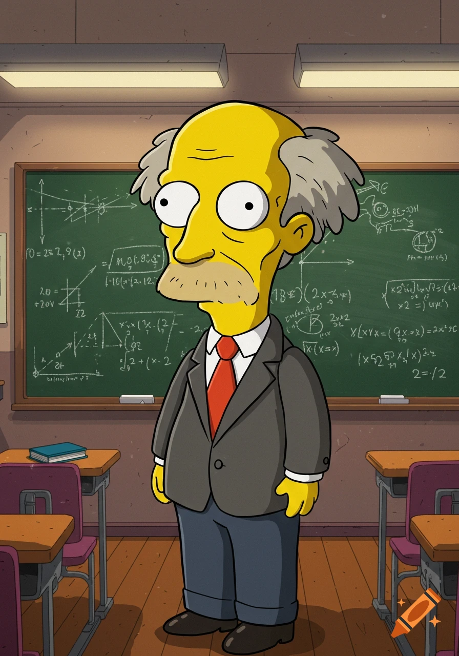 Mr. Burns from The Simpsons, with grey hair, sits at a wooden desk with ...
