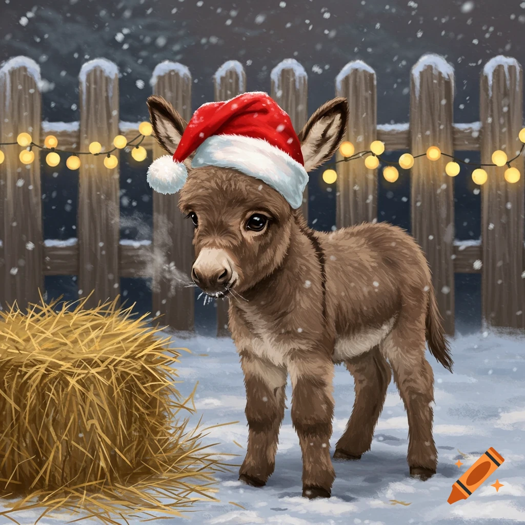 A cute baby hippopotamus wearing a Santa hat, standing in snow with an ...