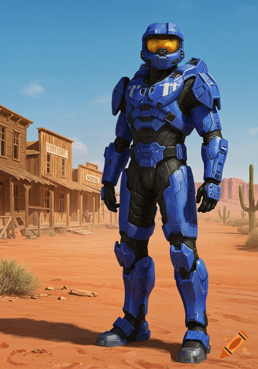 A blue armored Master Chief stands in the dusty main street of a Wild ...