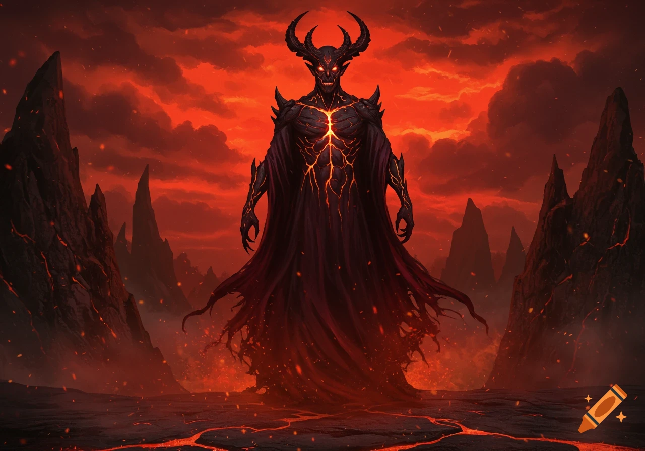 A vast army of horned devils marches from a burning gate into a hellish ...