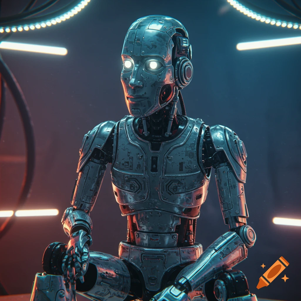 A detailed, shiny chrome futuristic robot with glowing white eyes and ...