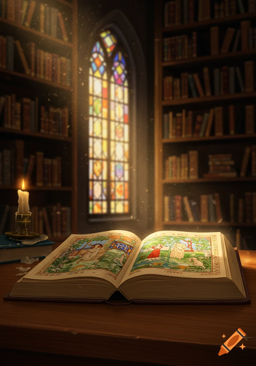 An open medieval illuminated manuscript with colorful illustrations on ...