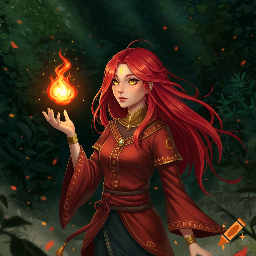 A red-haired anime-style sorceress with yellow eyes, dressed in a red ...