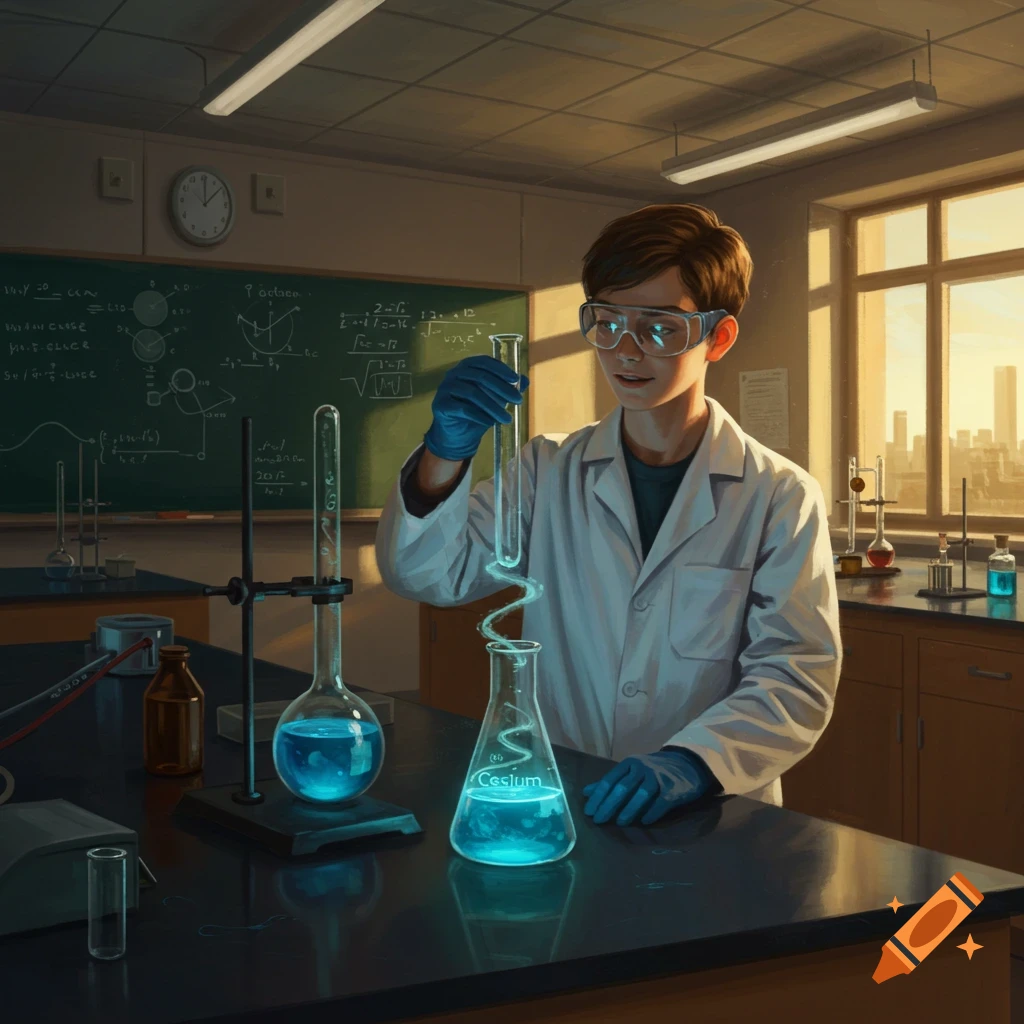 A realistic illustration of a teenage student in a lab coat and safety ...