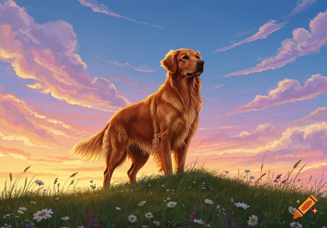 A golden retriever stands in a grassy field with wildflowers during a ...