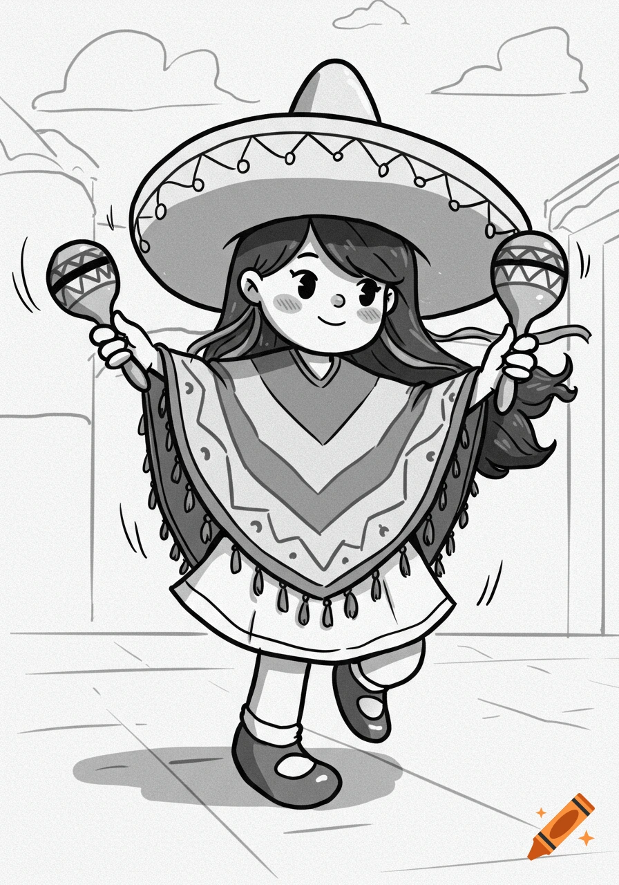 A cute monochrome rubberhose cartoon of a Mexican girl wearing a ...