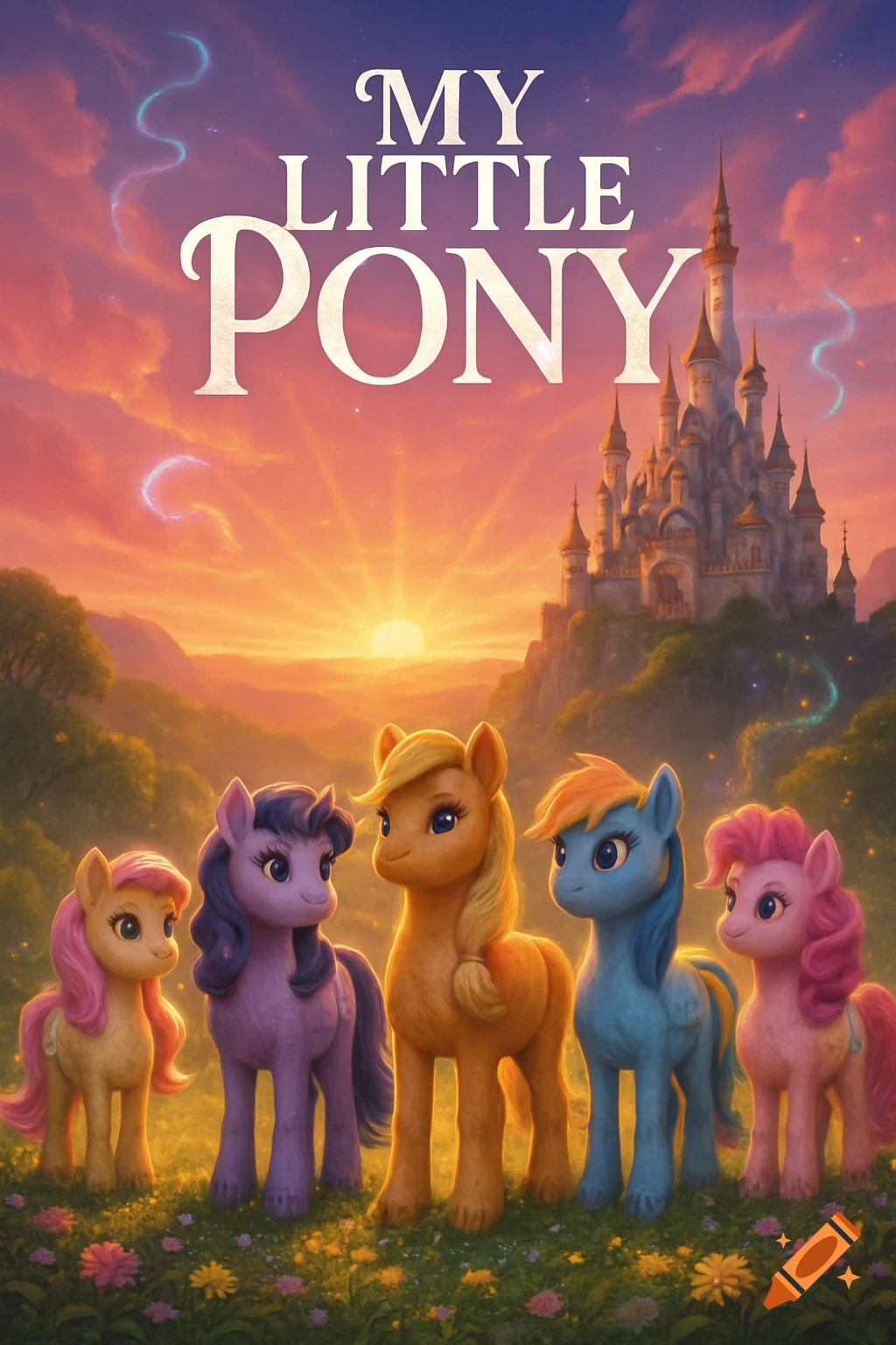 Five My Little Pony characters stand in a field with a castle at sunset ...