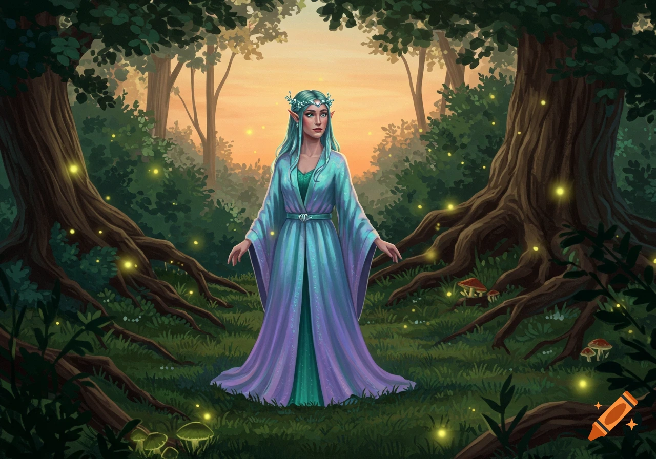 Illustrated blonde woman in a starry blue dress petting a red and ...