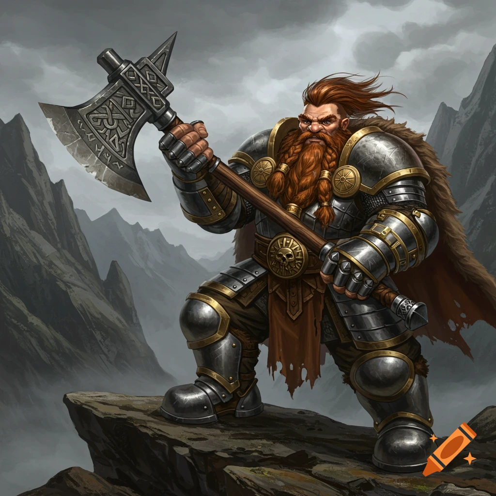 A heavily armored fantasy dwarf warrior with a flaming beard and hair ...