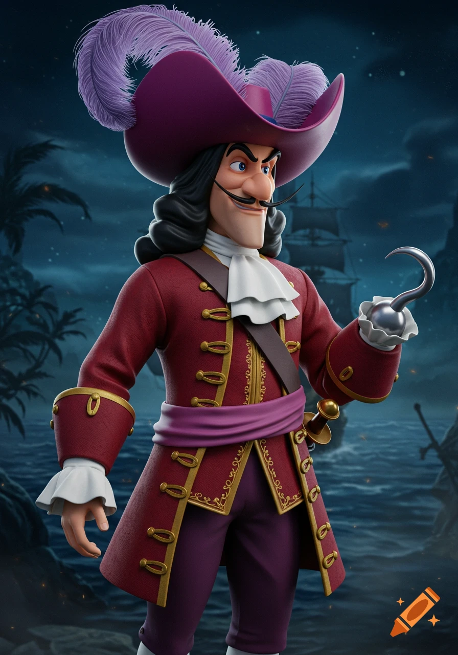 Cartoon Captain Hook in a pirate cabin, smirking and holding his hook ...
