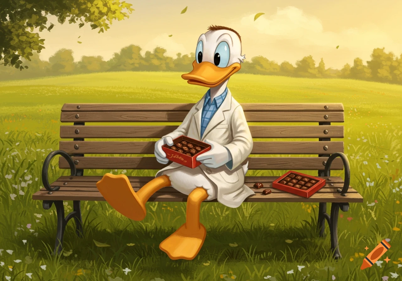Donald Duck, styled as Forrest Gump, sits on a park bench holding a box ...