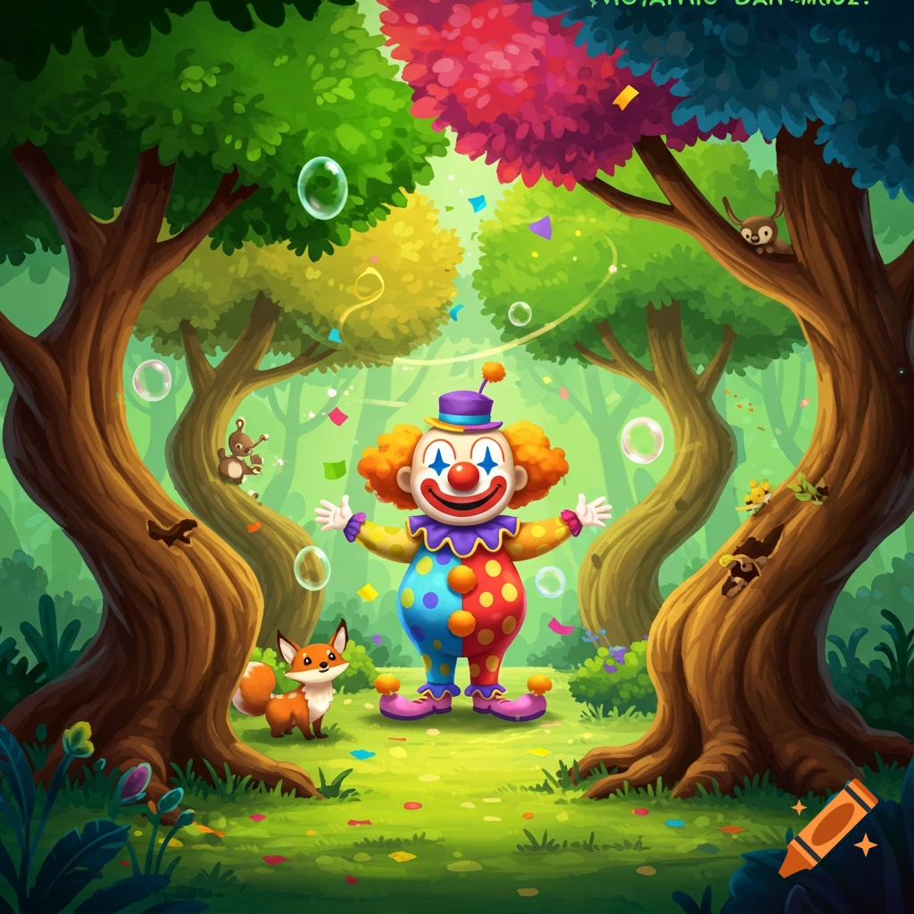 A colorful cartoon clown with orange hair and a polka-dotted suit ...
