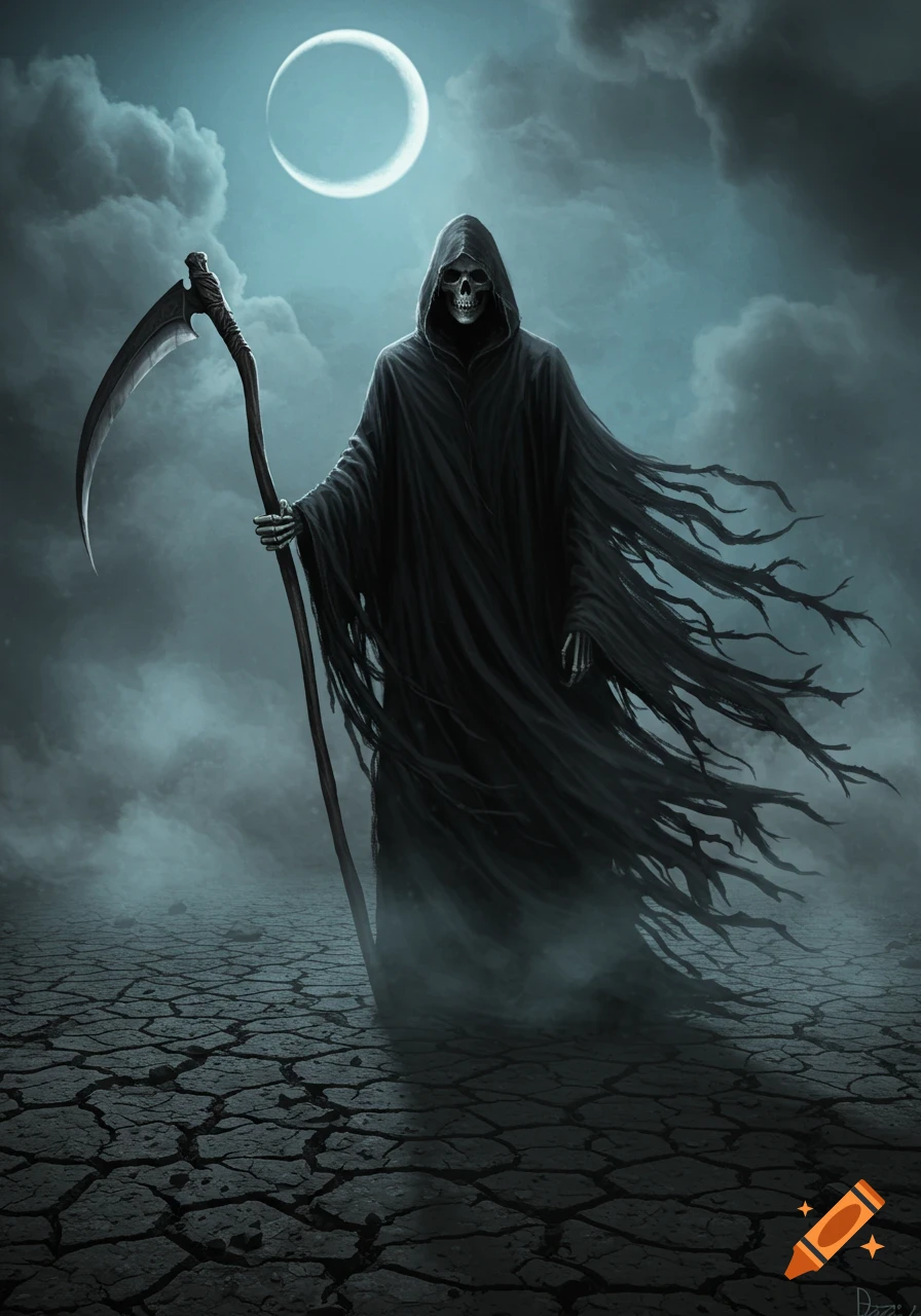 A dark, atmospheric illustration of the Grim Reaper, a skeletal figure ...