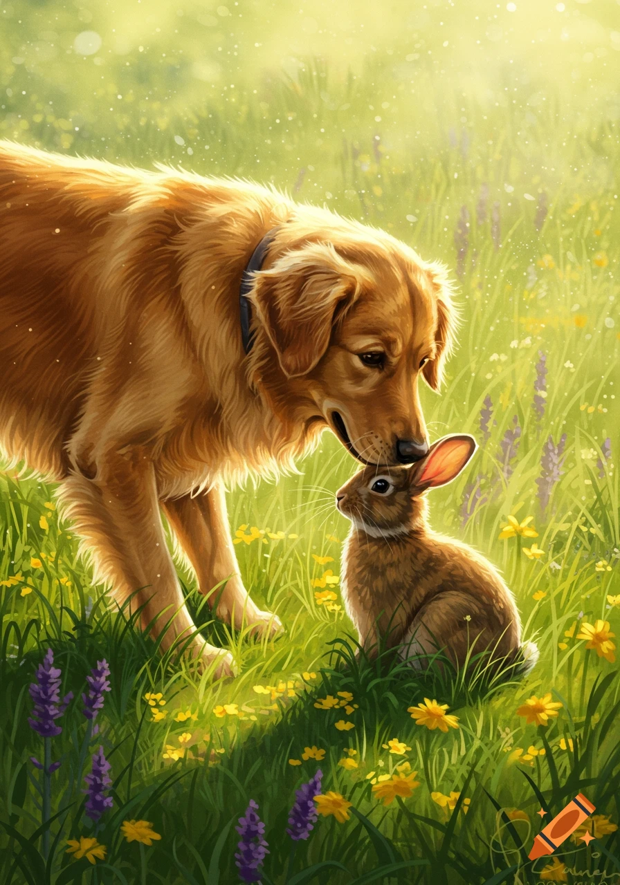 Vibrant illustration of a golden retriever, tabby cat, rabbit, tortoise ...