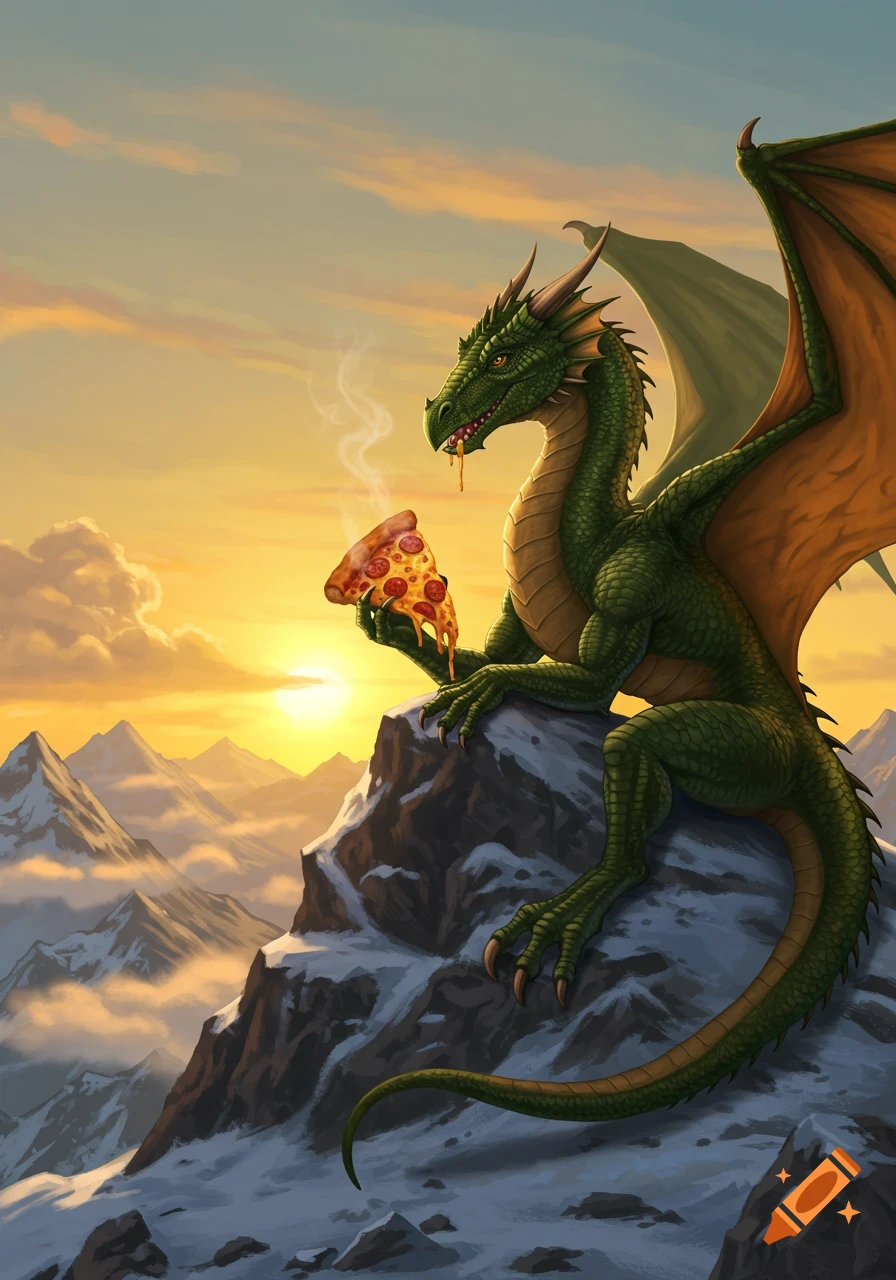 A green dragon sits on a snowy mountain at sunset, eating a slice of ...