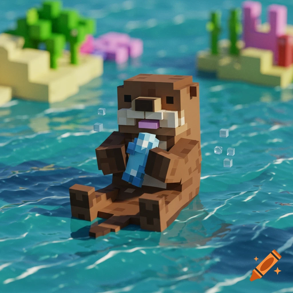 A pixelated brown otter, in Minecraft style, floats in blue water ...