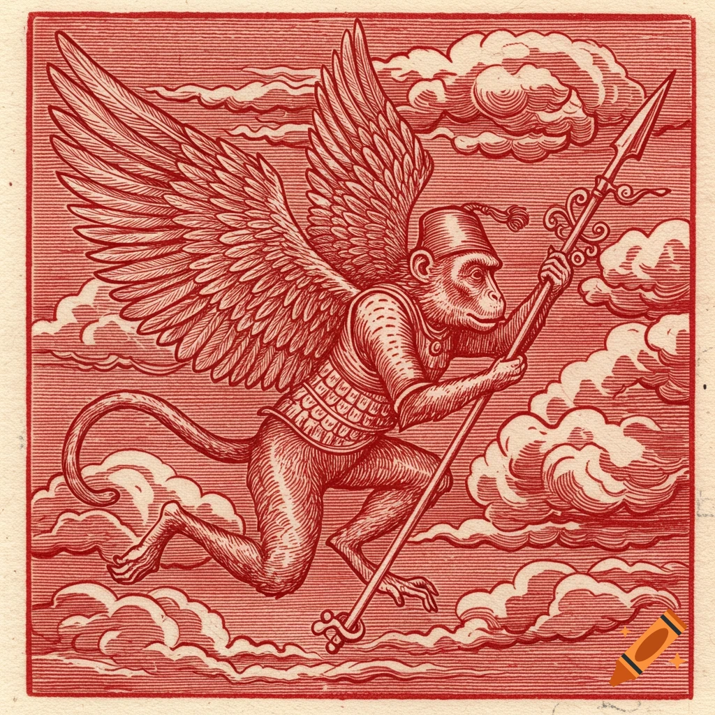Red stamp illustration of a winged monkey in a fez holding a spear ...