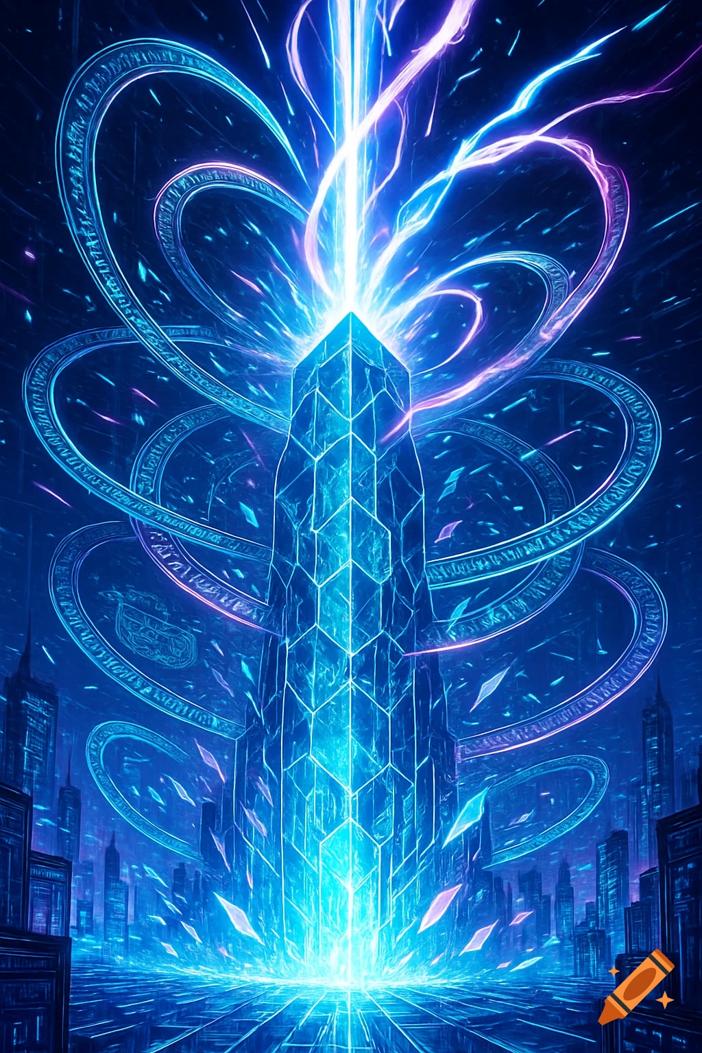 A glowing crystalline data spire in a futuristic blue cyberspace city, surrounded by swirling ...