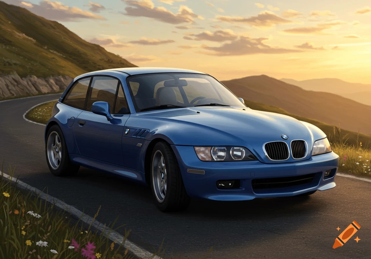 A blue BMW Z3 Coupe drives on a winding mountain road at sunset, with ...