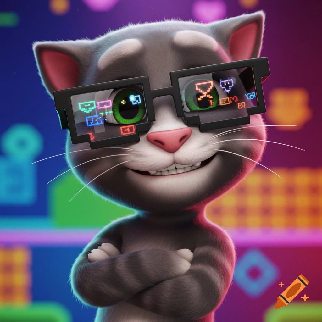 A gray cartoon cat, Talking Tom, smiles confidently while wearing ...