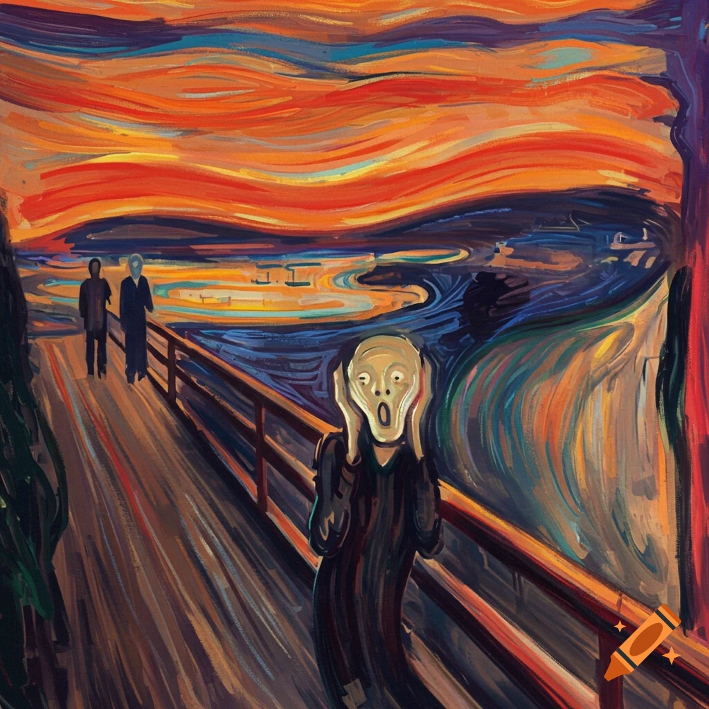 A stylized painting resembling Edvard Munch's 'The Scream,' depicting a ...