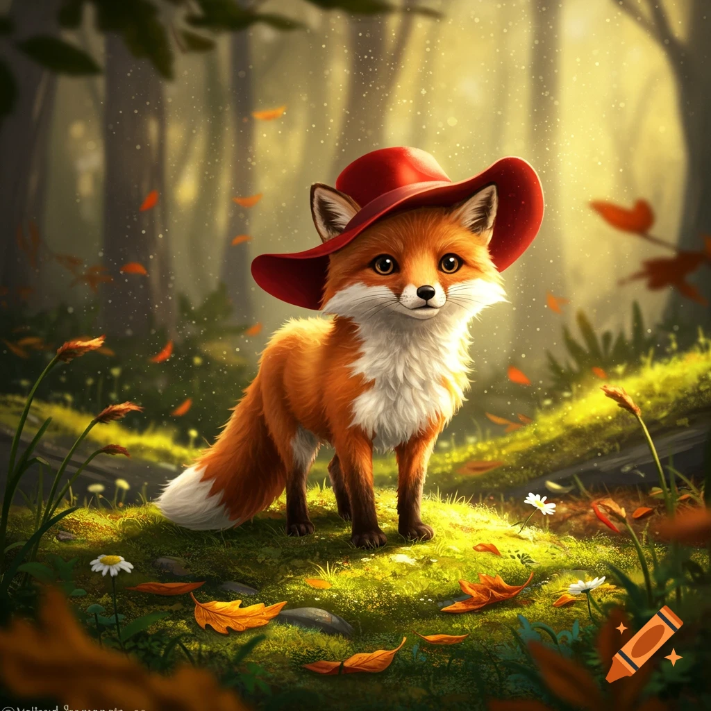 A cute orange fox wearing a red hat stands in a sunlit forest clearing ...