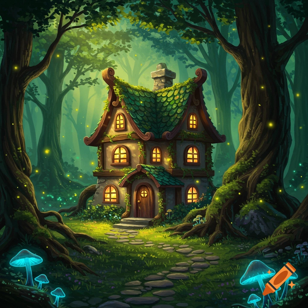 A whimsical fantasy forest house with a green leafy roof, illuminated ...