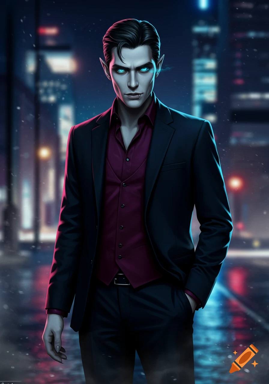 A striking male vampire with pale skin, glowing blue eyes, and pointed ...