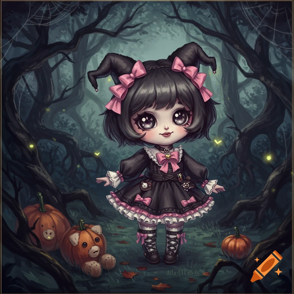 A cute, dark-haired chibi girl with big eyes, pink bows, and a black ...