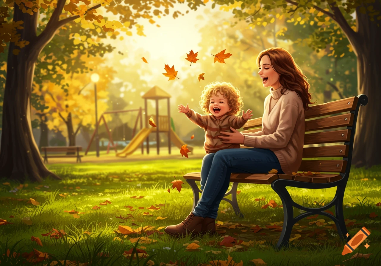 A happy mother and child laugh on a park bench surrounded by falling ...