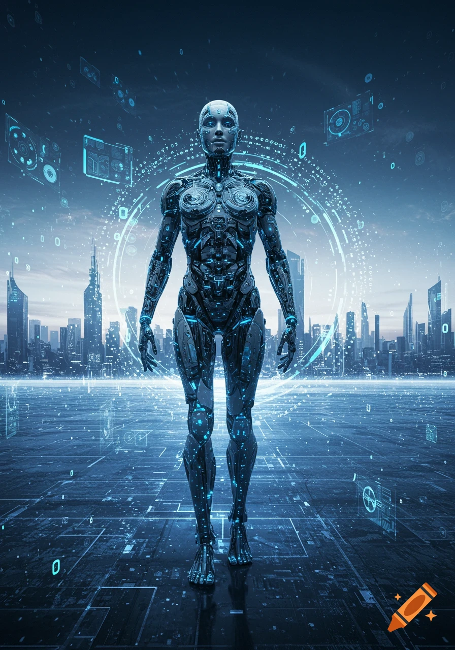 A glowing orange 'AI' above a human silhouette touching a blue ...