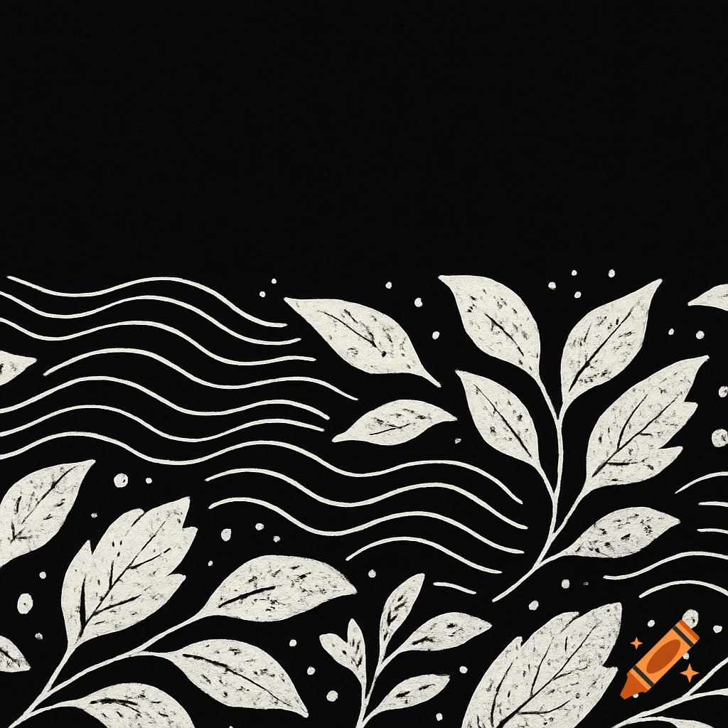 White organic pattern featuring leaves, wavy lines, and dots on a black ...