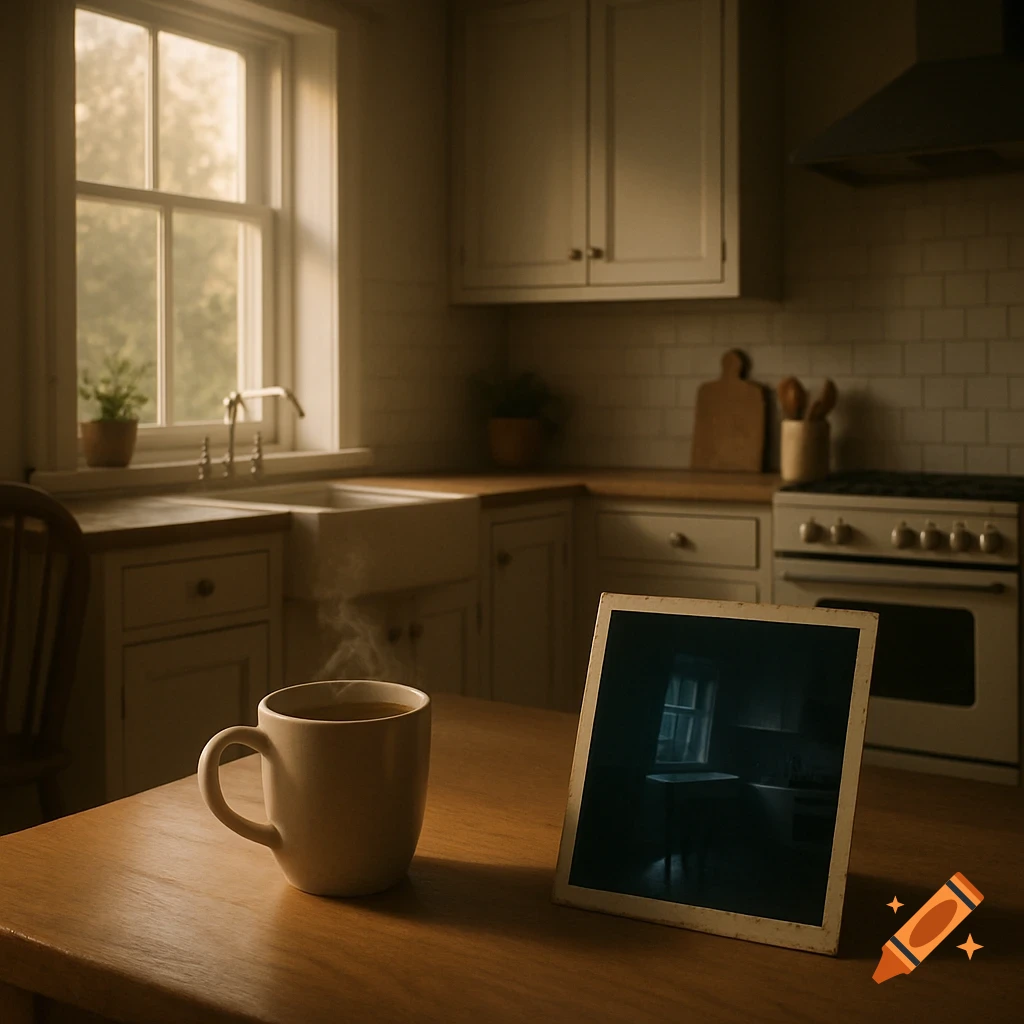 A cozy morning kitchen with a steaming coffee mug and a framed photo on ...