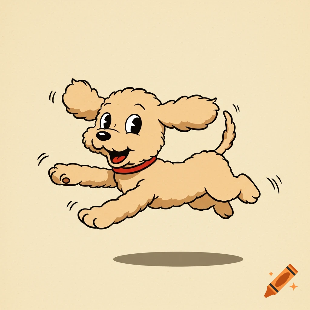 A happy, light brown cockapoo dog with big eyes jumps in a 1930s rubber ...