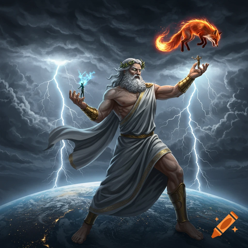 A grand assembly of Greek gods and goddesses, including Zeus, Poseidon ...