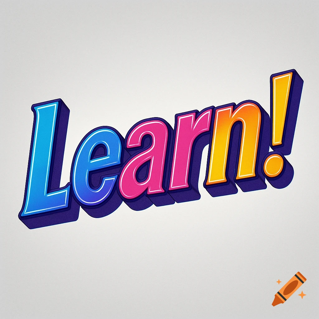 The word "Learn!" rendered in a colorful, bold 3D WordArt style on a ...