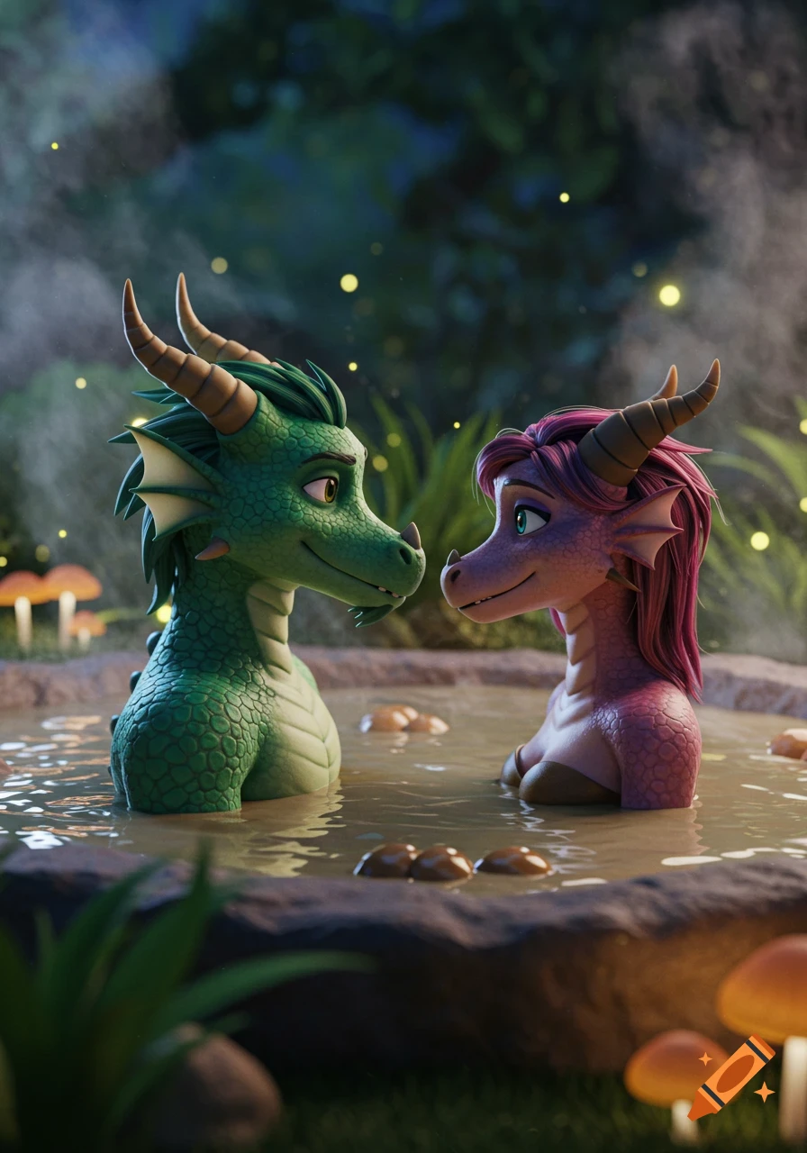 A cute, iridescent, pastel-colored dragon creature with big eyes swims ...