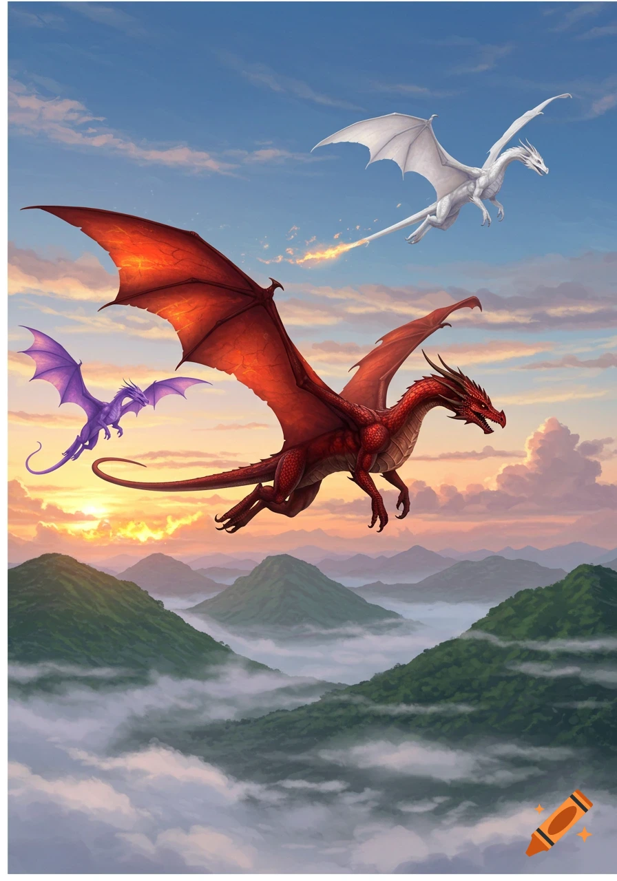 A red, a purple, and a white dragon fly high above misty green ...