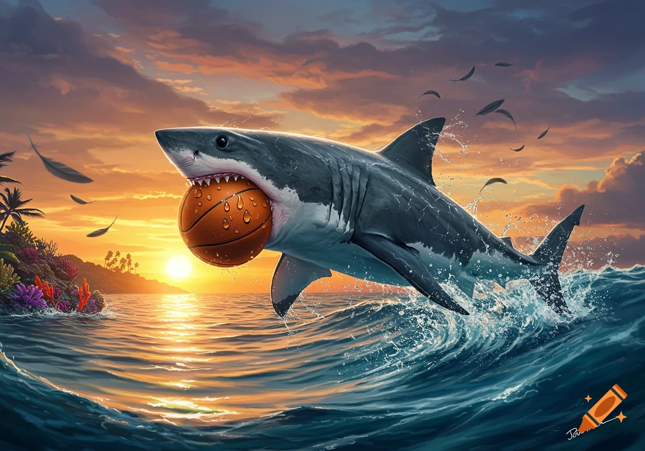 A great white shark leaps out of the ocean, holding a basketball in its ...