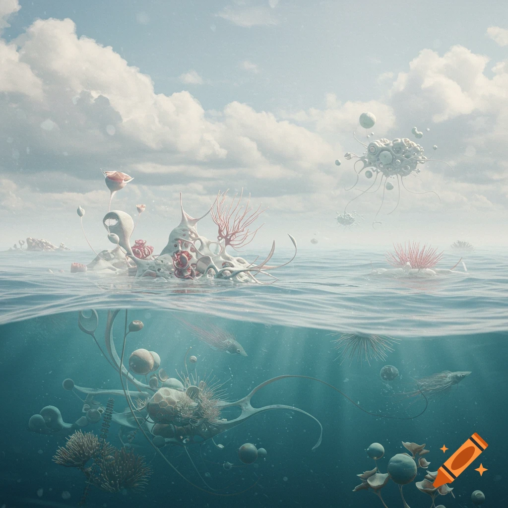 A surreal split-level ocean scene with abstract organic forms ...