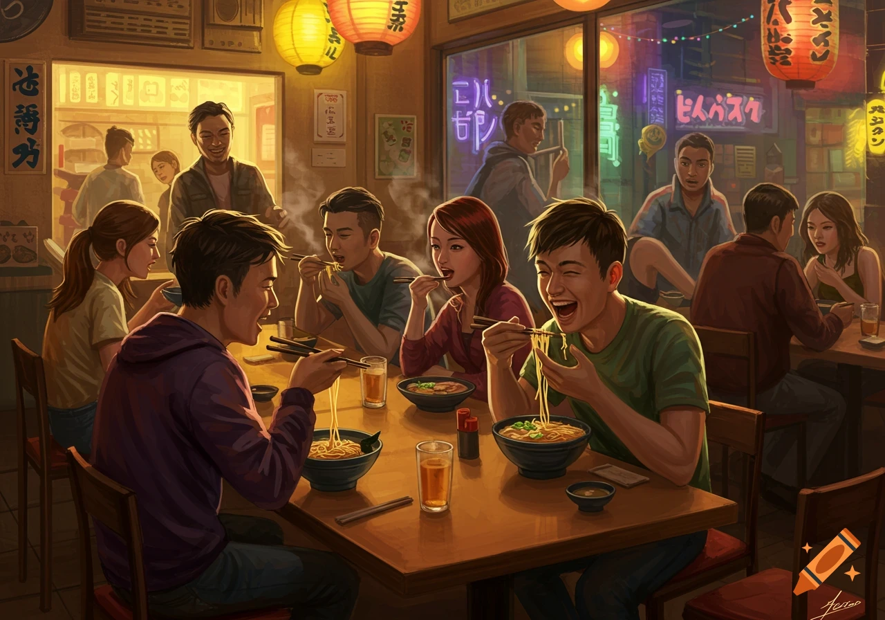 Friends laugh and eat ramen at a busy, vibrantly lit Japanese ...