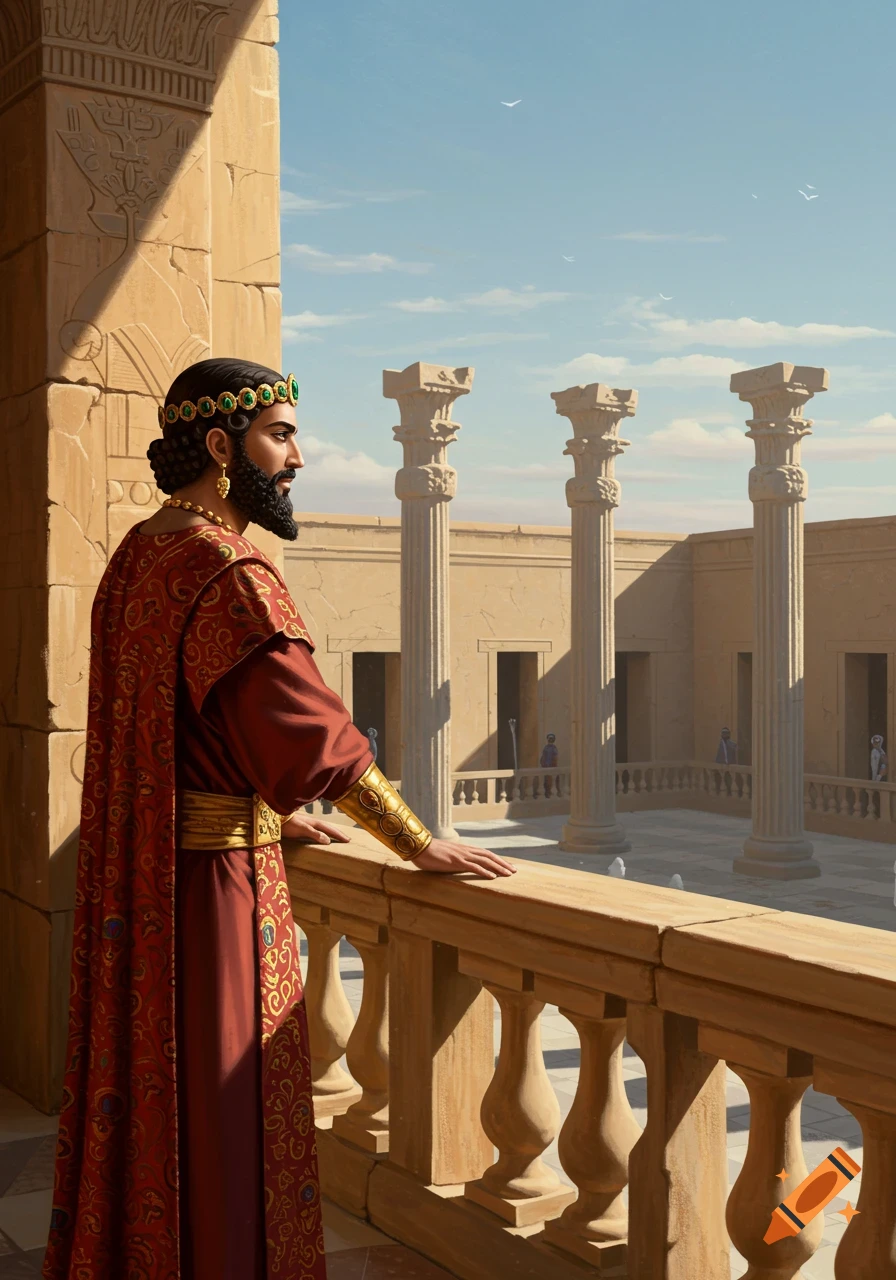 King Xerxes I in a crimson and gold royal robe stands on a palace ...