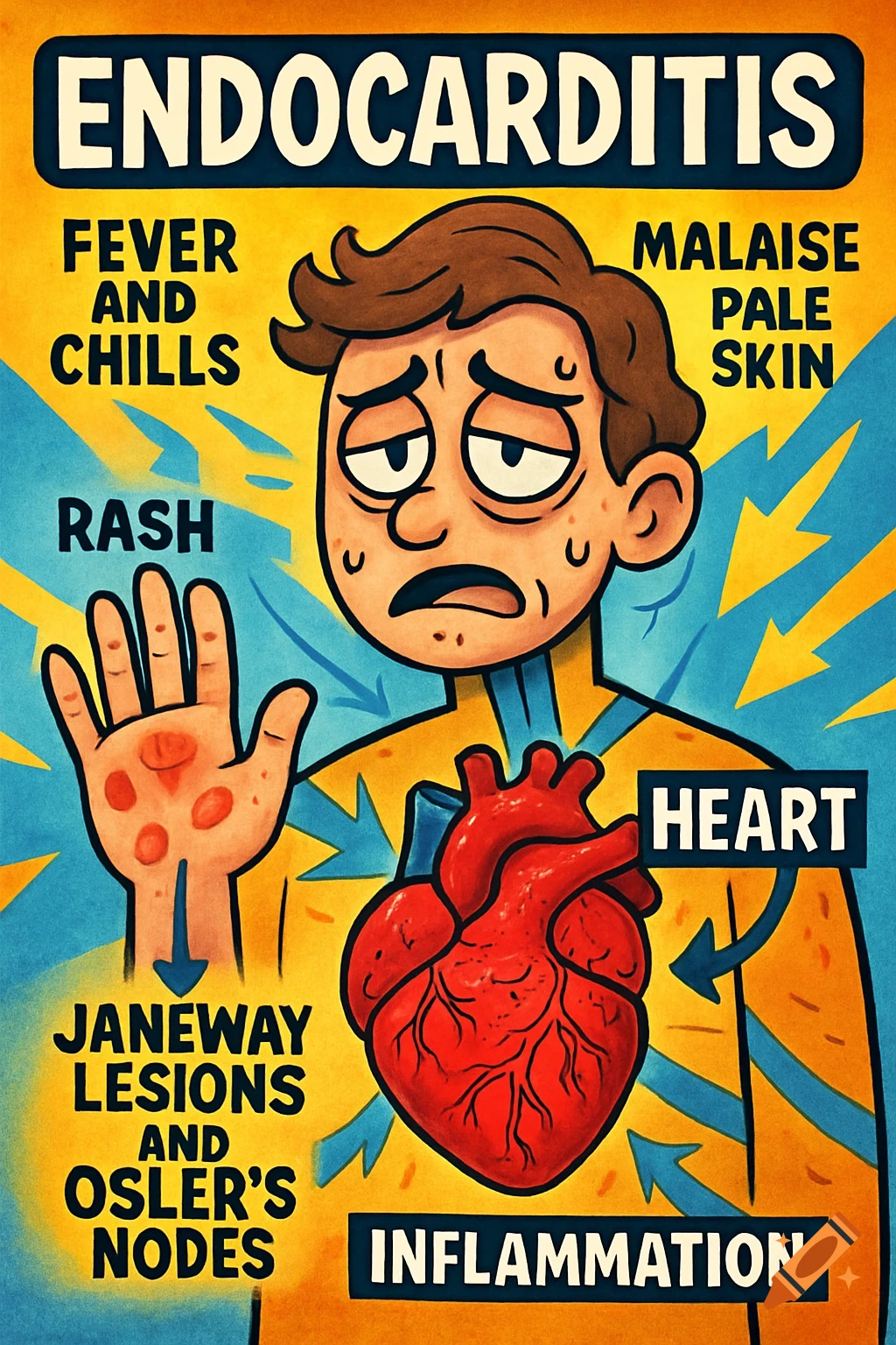 A cartoon medical poster illustrating Endocarditis symptoms: a sick man ...
