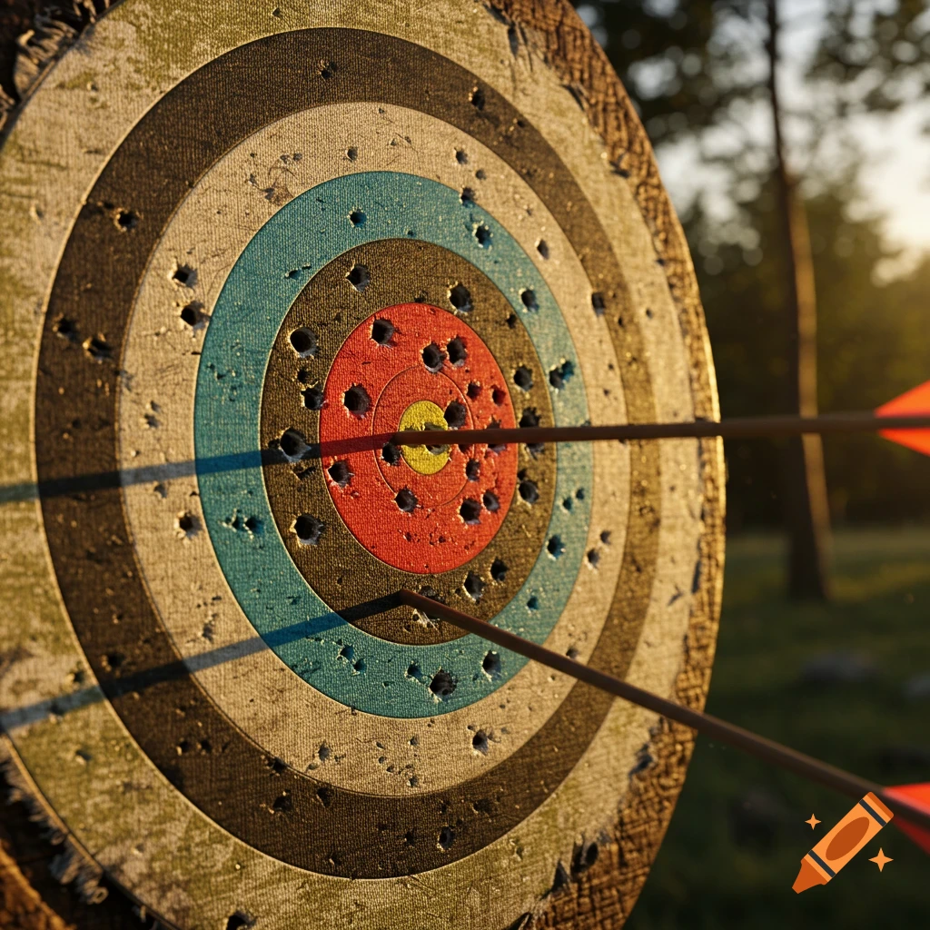 Close-up of an archery target with multiple arrows hitting near the ...