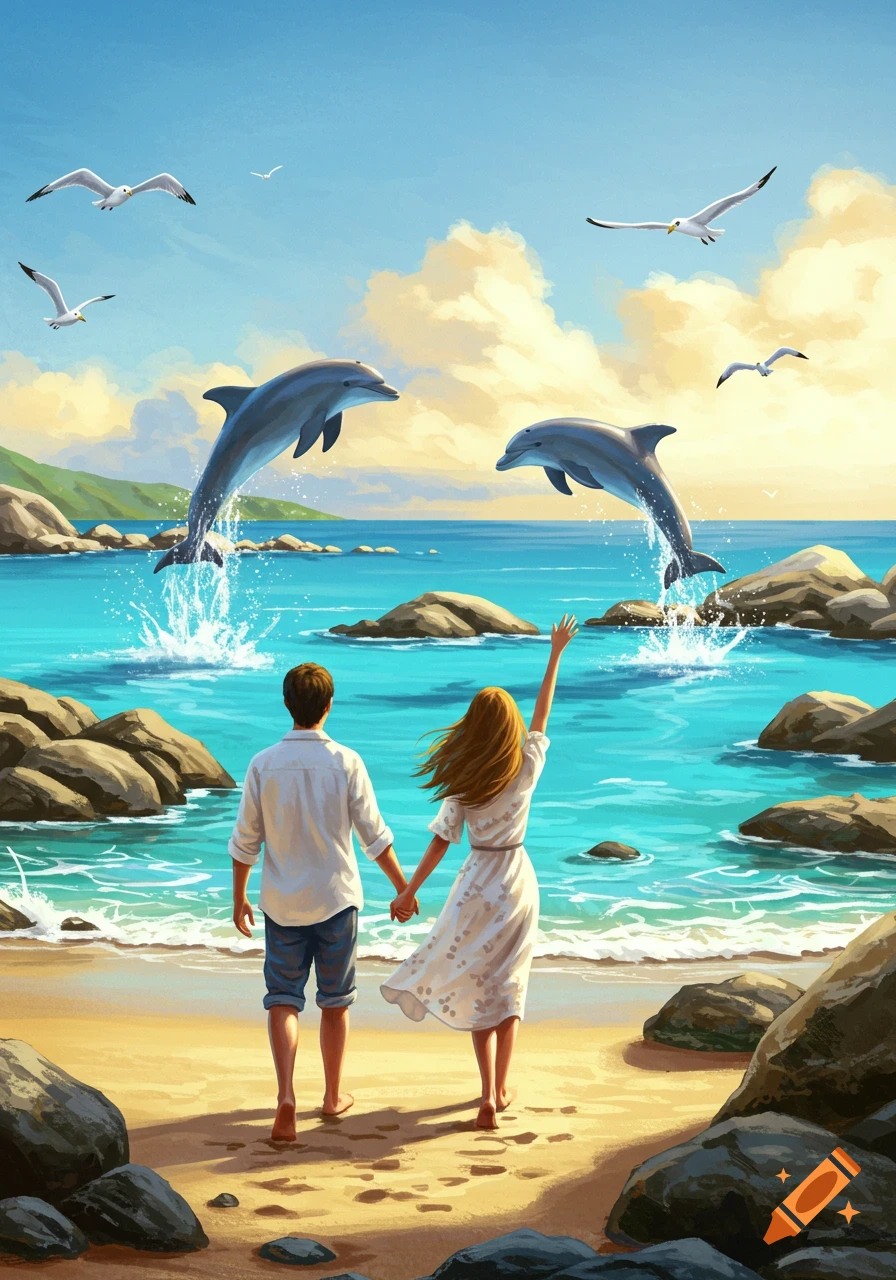 Two smiling girls in colorful dresses dance on a sunny beach, holding ...