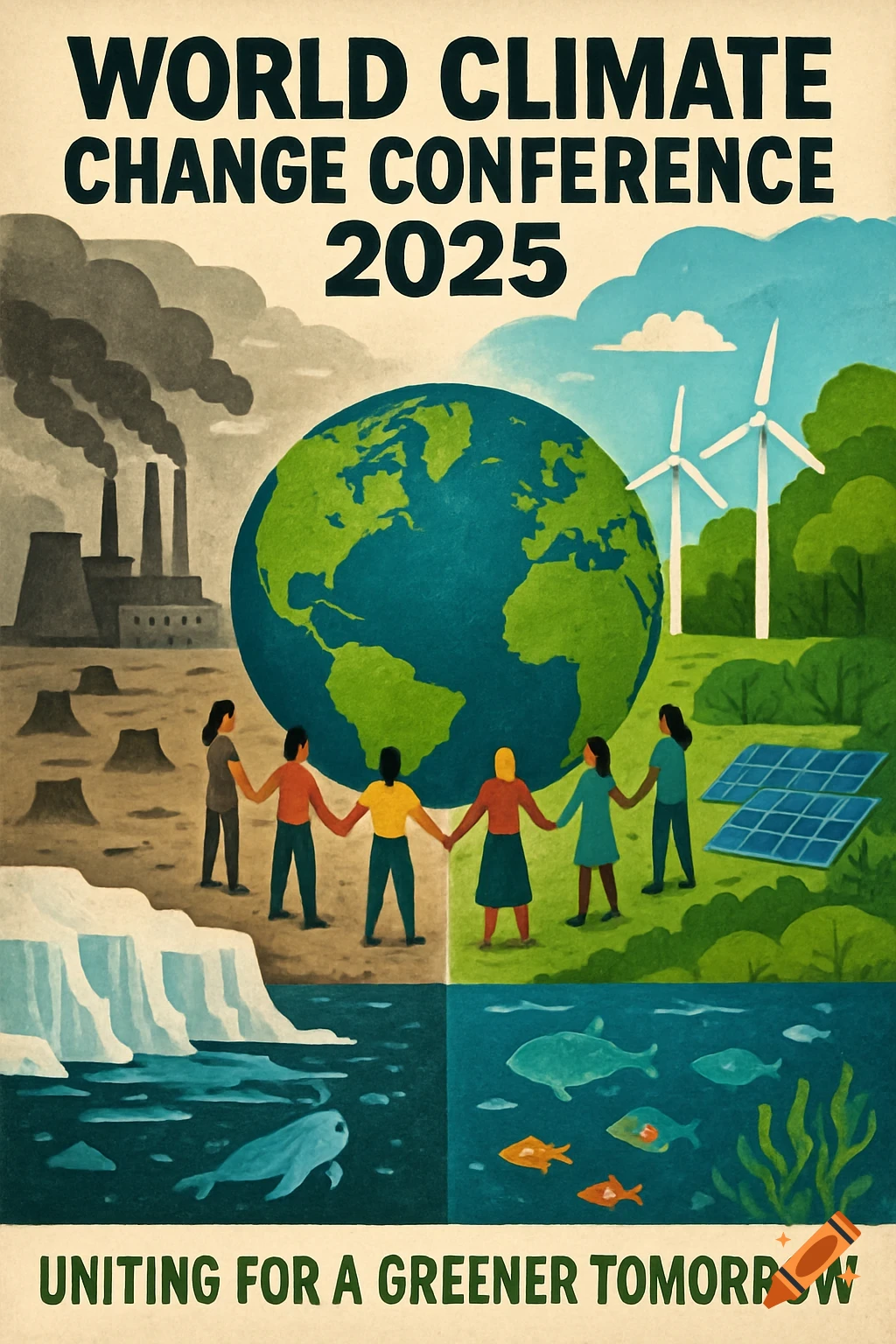 An old-style poster shows a graph of rising greenhouse gas emissions ...