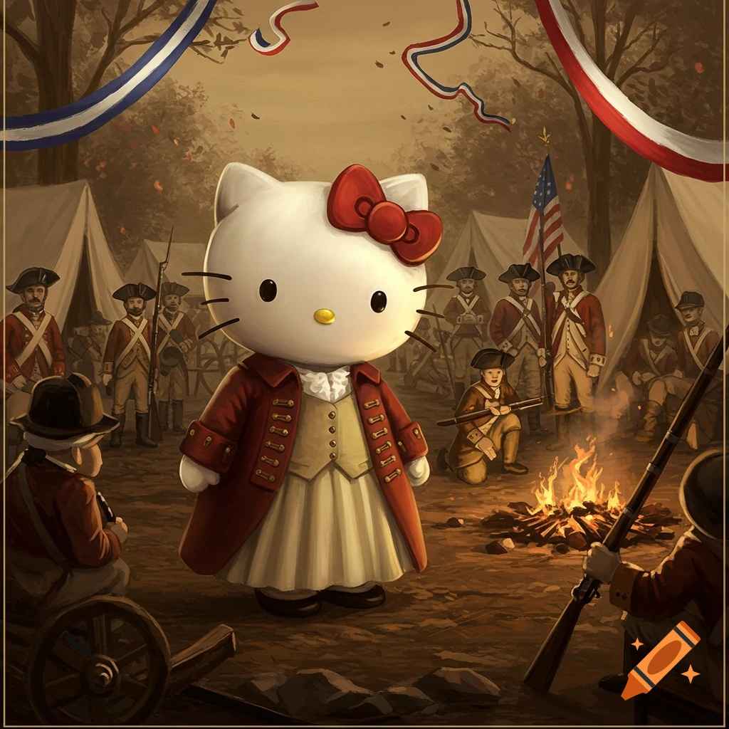 Hello Kitty in a red coat and white dress stands in a Revolutionary War ...