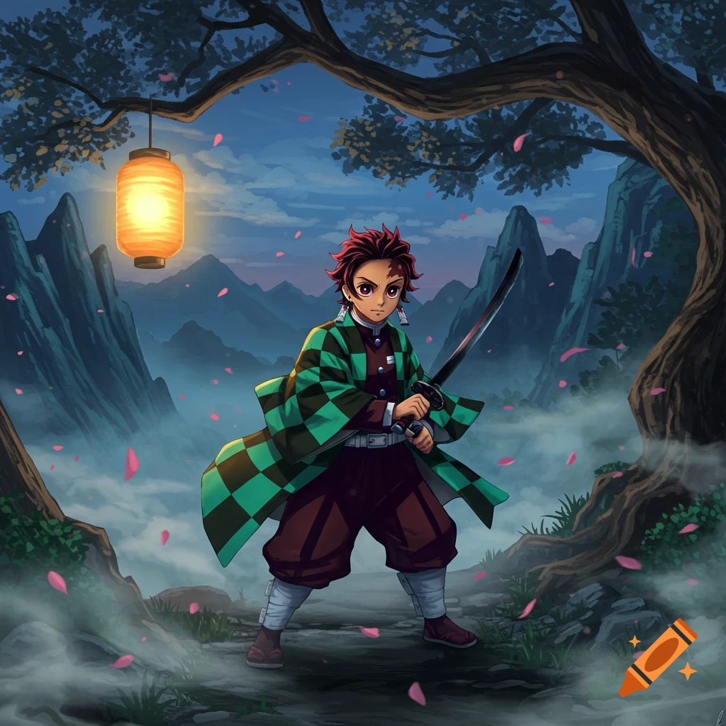 Anime illustration of Tanjiro Kamado holding a katana under a glowing ...