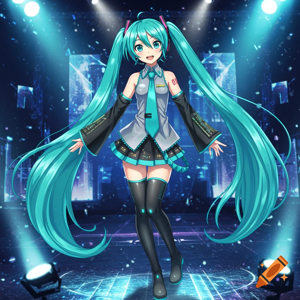 Anime illustration of Hatsune Miku posing on a stage with blue ...