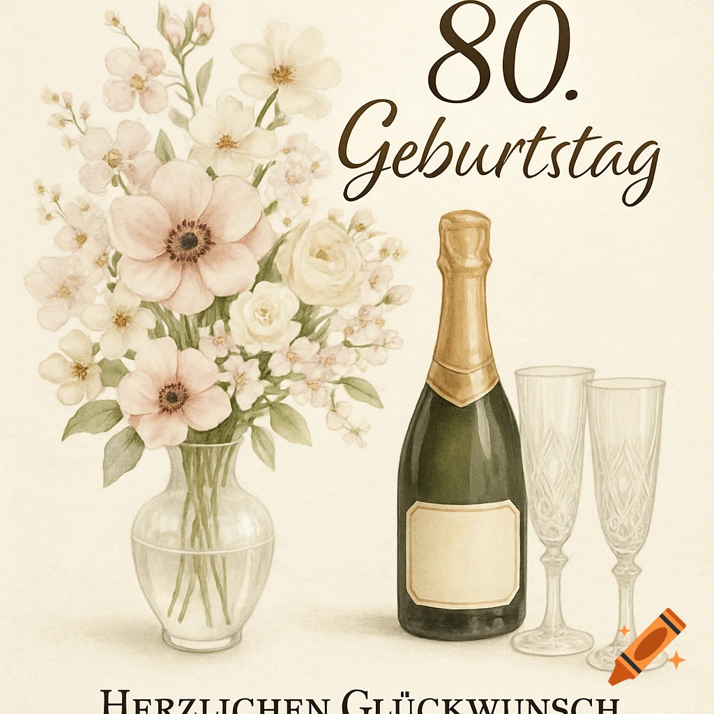 Watercolor illustration of an 80th birthday card with pink and white ...